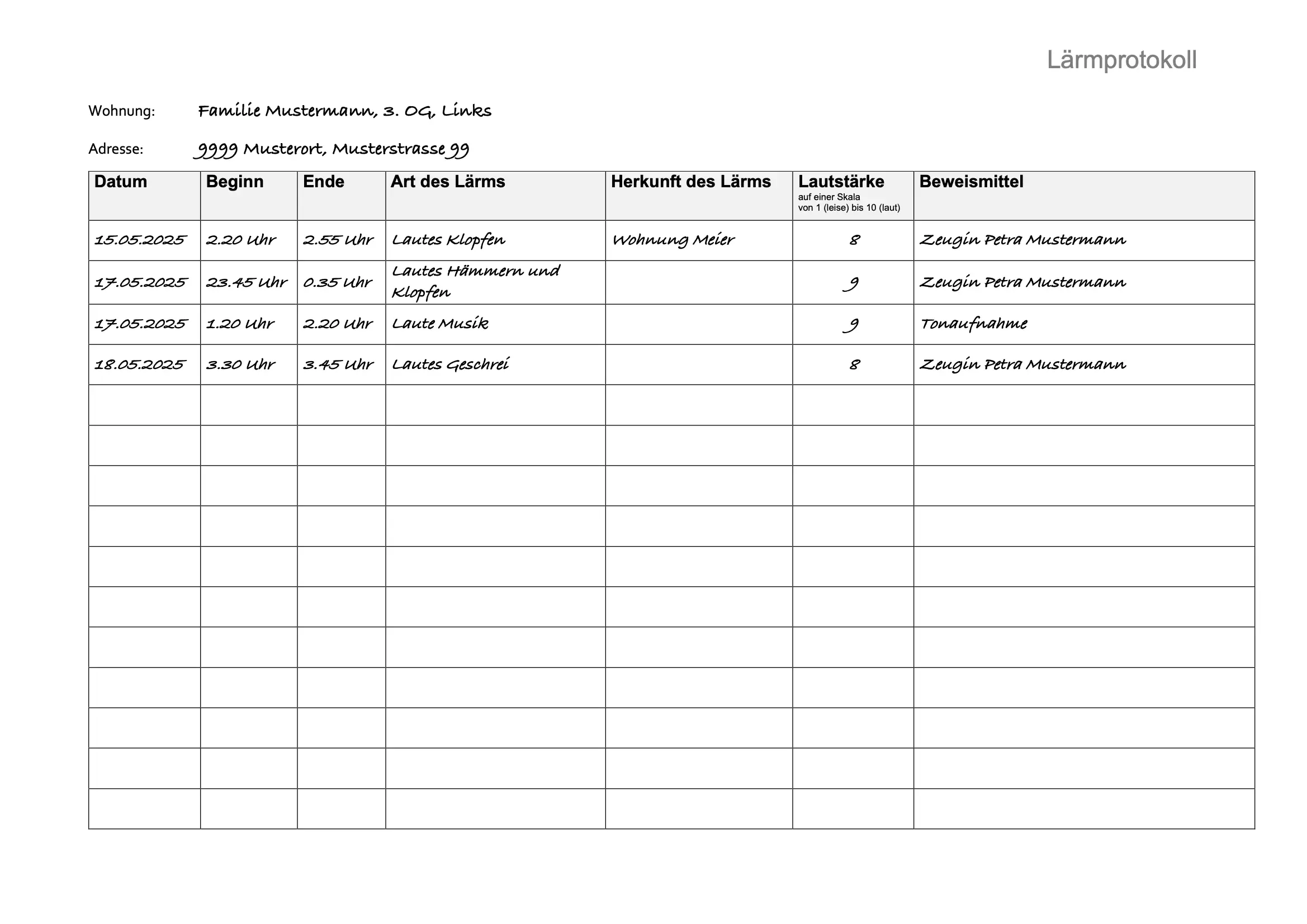 Lärmprotokoll – PDF-Vorlage kostenlos herunterladen